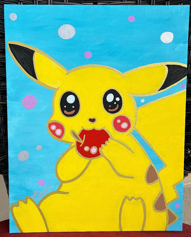 11x14 Painting of Pikachu with Apple – The Autistic Tiger