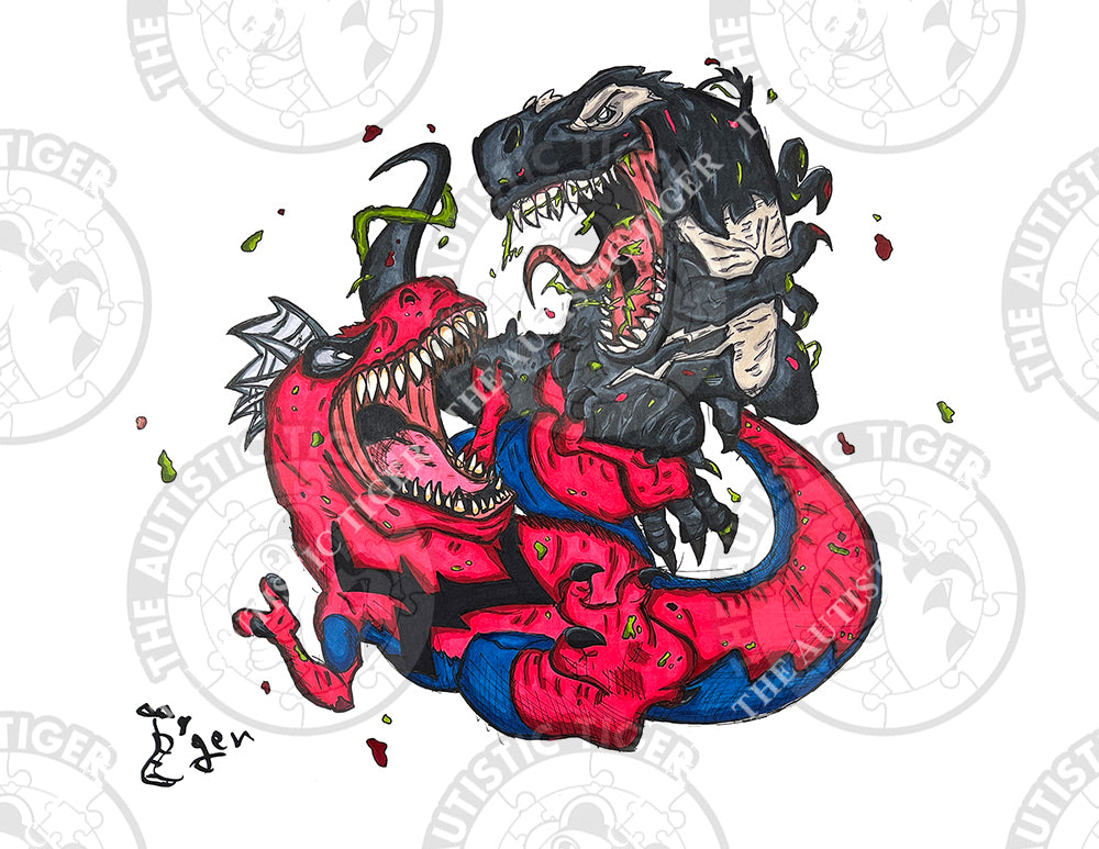 Art Print - N14 T-Rex Spiderman v Venom - Marvel – The Autistic Tiger