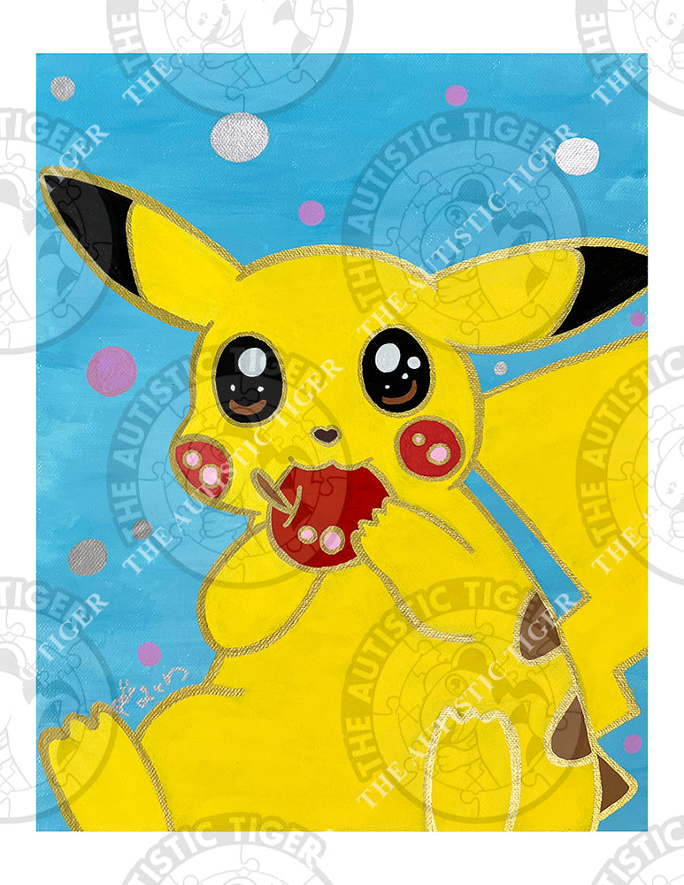 11x14 Painting of Pikachu with Apple – The Autistic Tiger